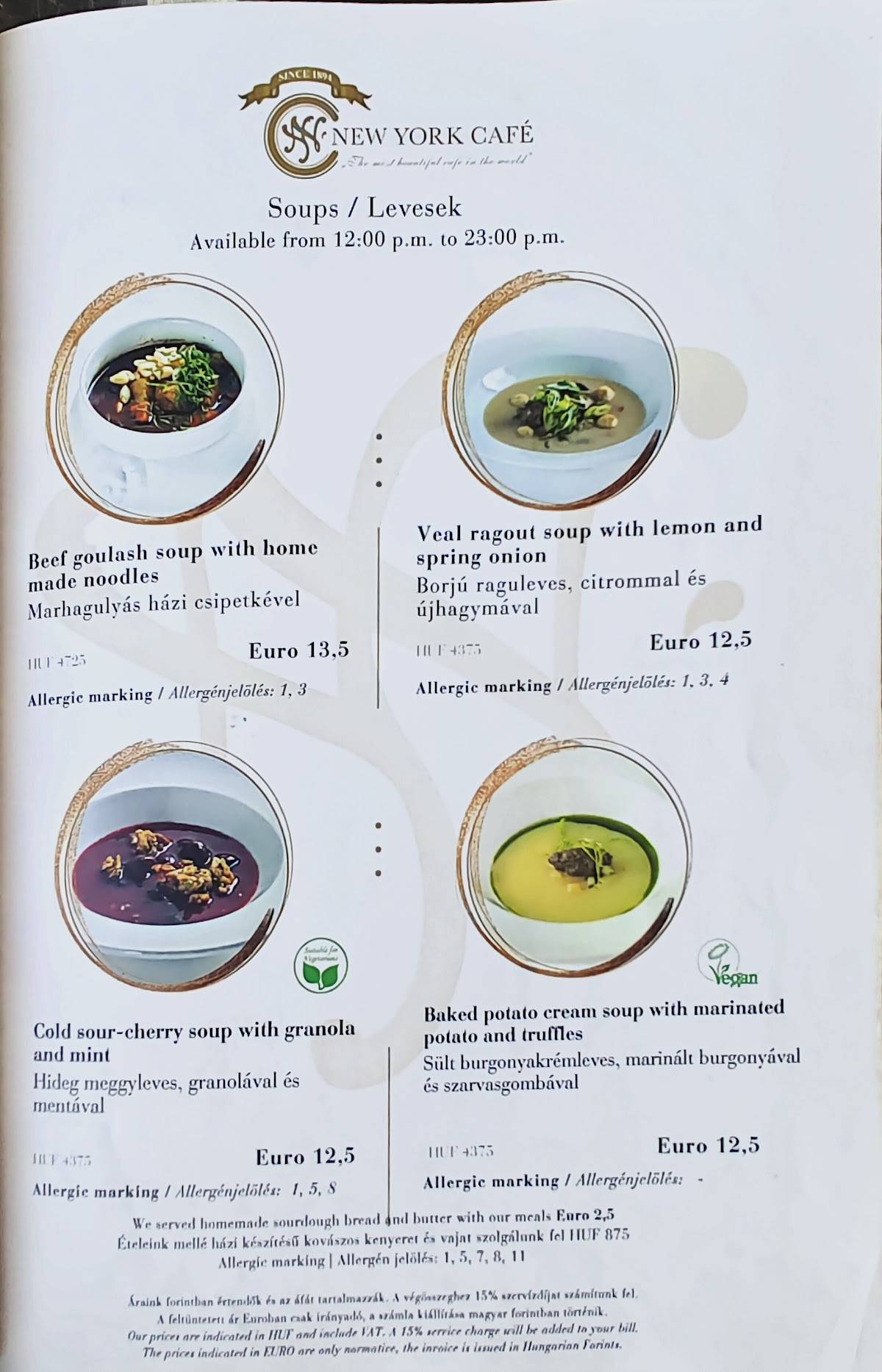 Menu at New York Café cafe, Budapest, Erzsébet krt. 9-11