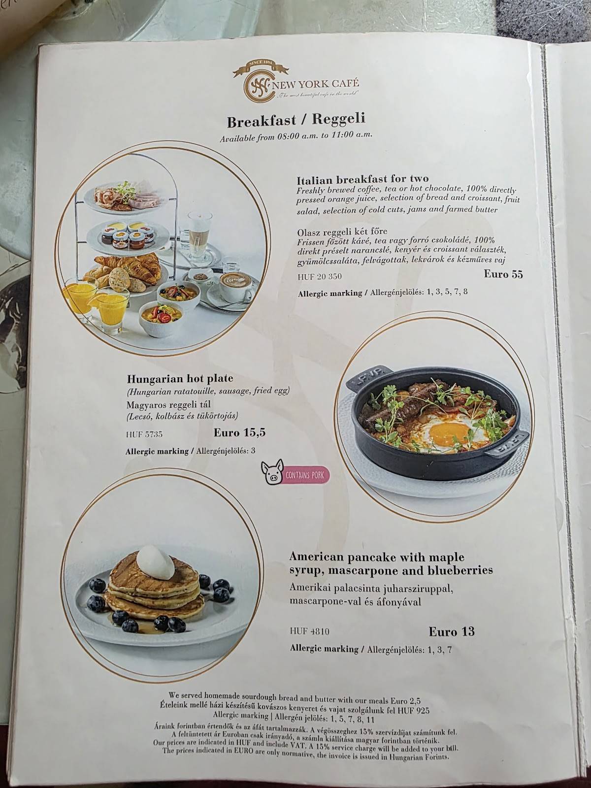 Menu at New York Café cafe, Budapest, Erzsébet krt. 9-11