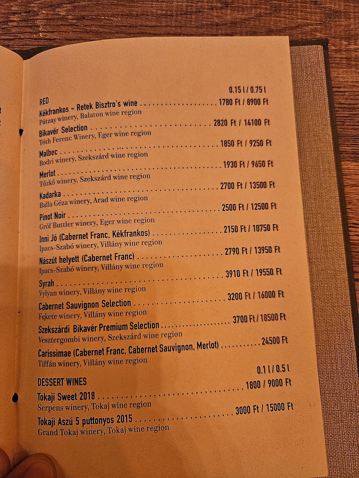 Menu at Retek Bisztro restaurant, Budapest
