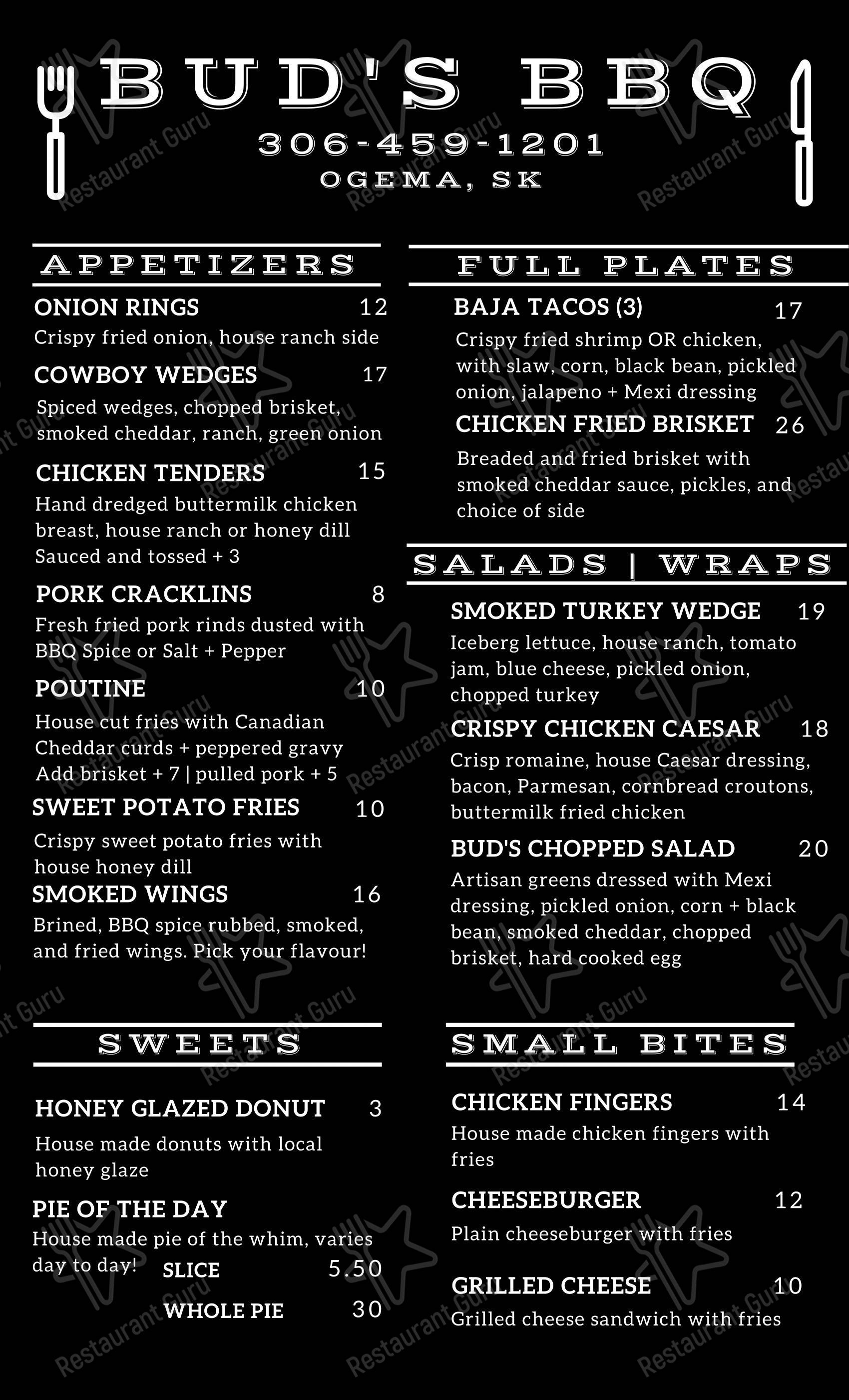Menu at Bud's BBQ, Ogema