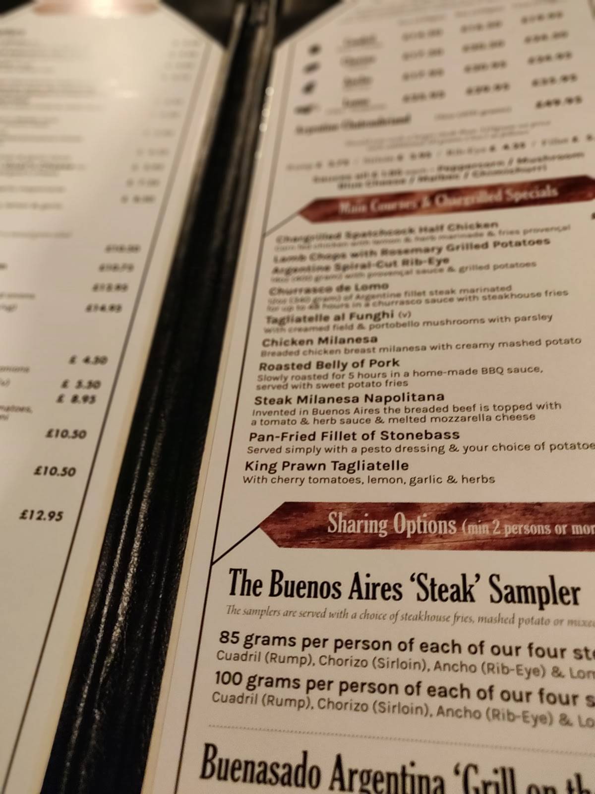 Menu at Buenos Aires Argentine Steakhouse, London, 62 Wimbledon Hill Rd