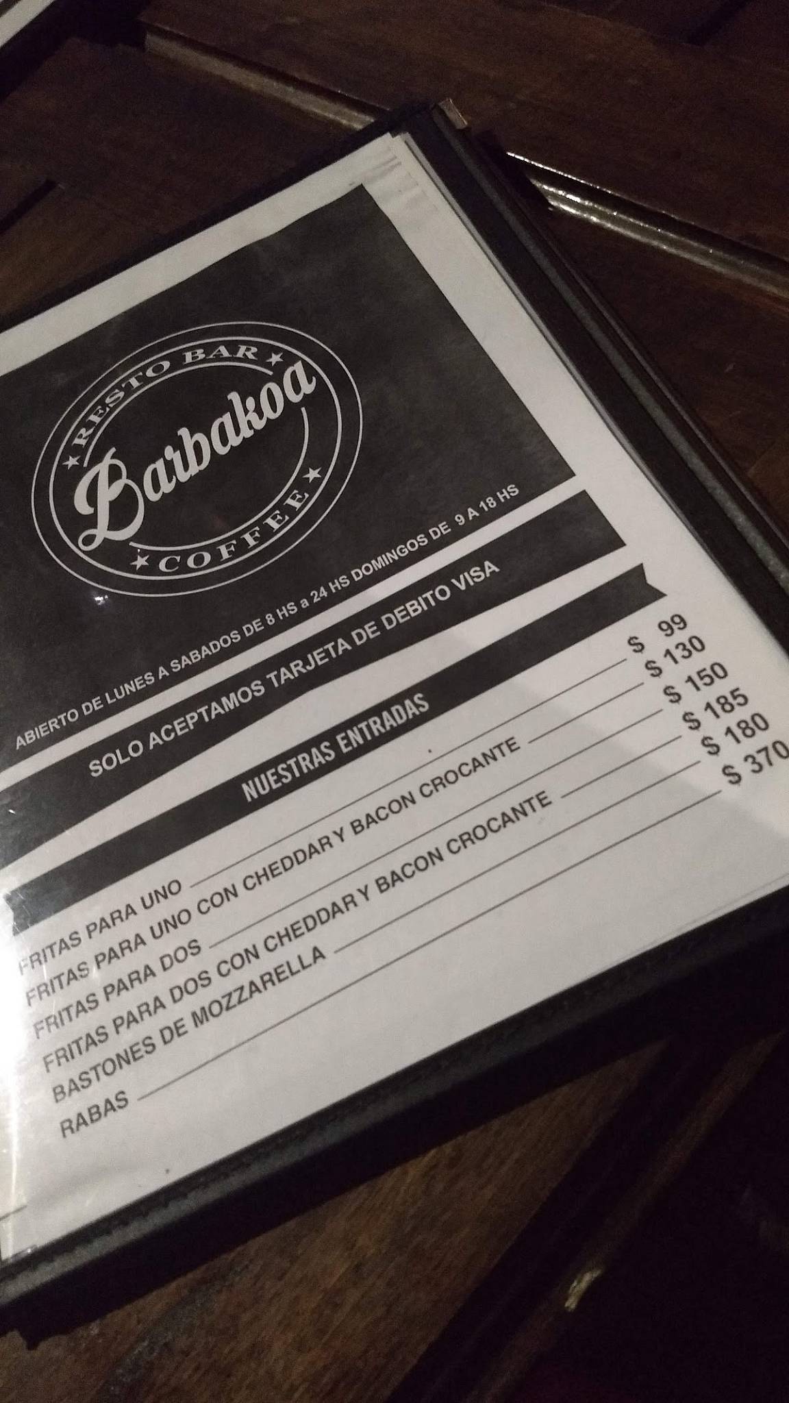Menu at Barbakoa restaurante, Buenos Aires