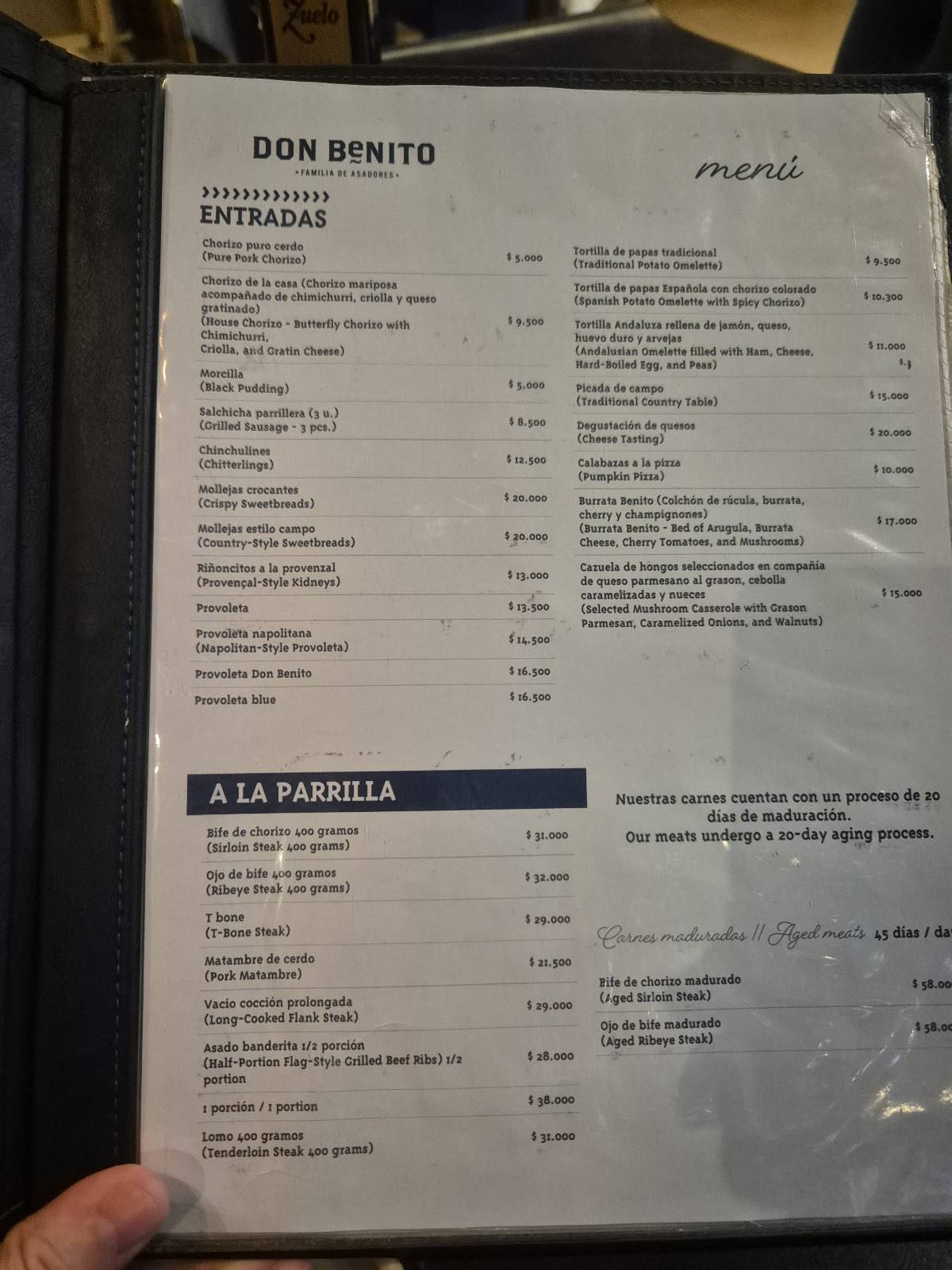 Menu at Parrilla Don Benito Soho, Buenos Aires