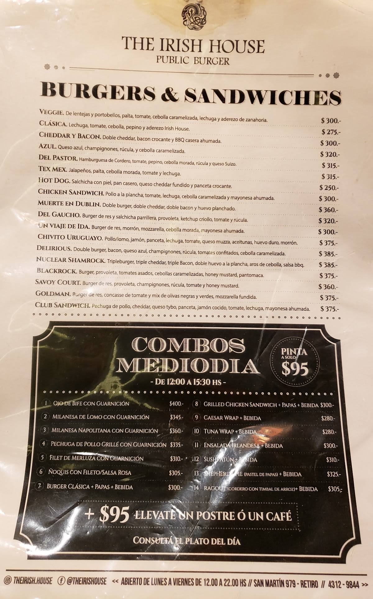 Menu at The Irish House pub & bar, Buenos Aires, San Martín 979