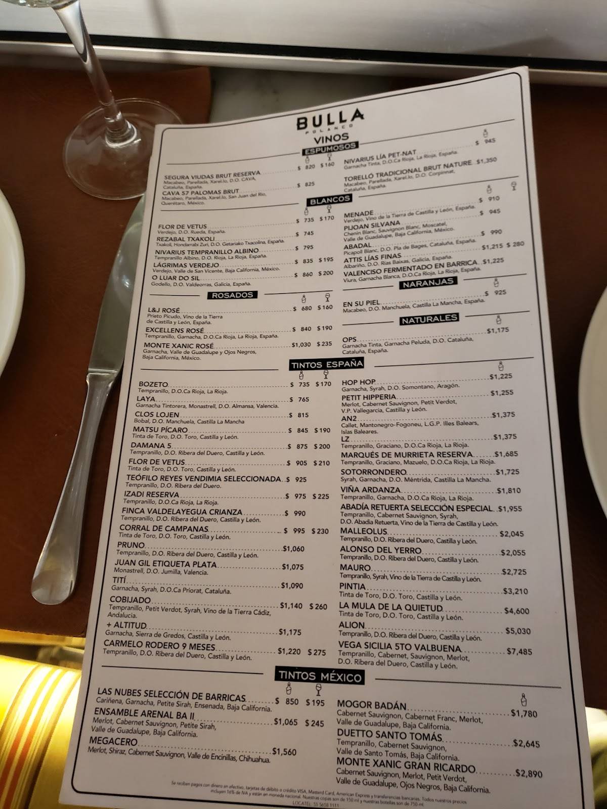 Menu at Bulla Polanco restaurant, Mexico City
