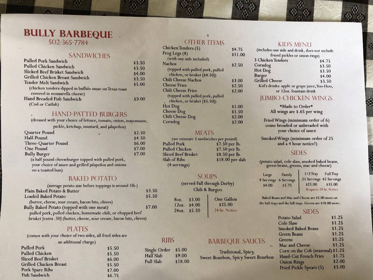 Menu at Bully Barbeque, La Grange, W U.S. Hwy 42