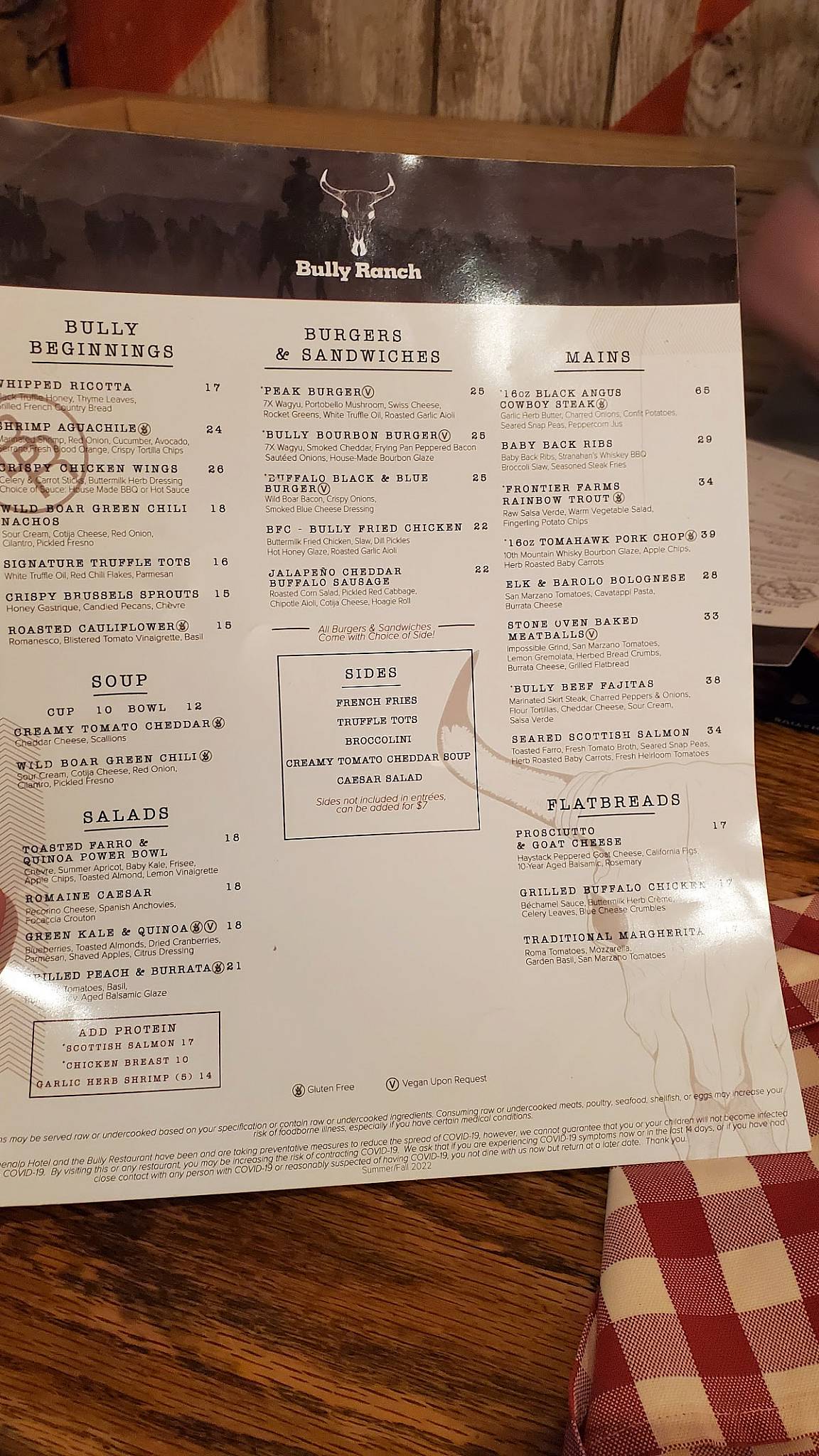 Menu at Bully Ranch Restaurant, Vail