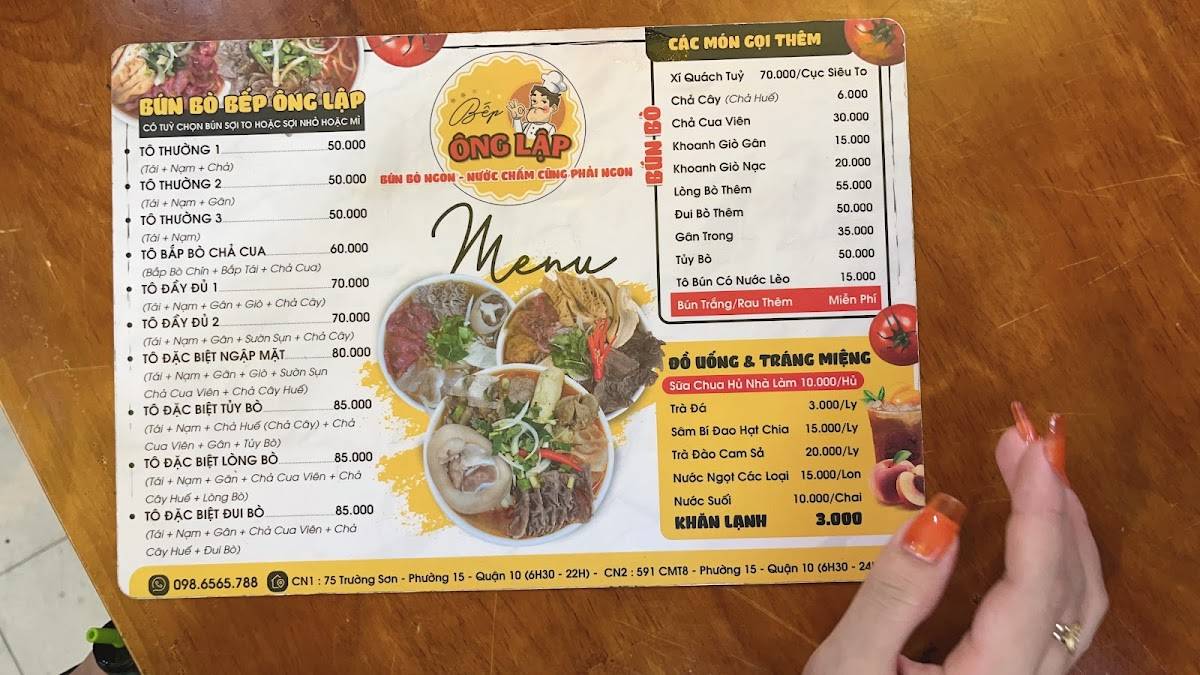 Menu at Bún Bò Thố Đá Bếp Ông Lập - Trường Sơn restaurant, Ho Chi Minh City