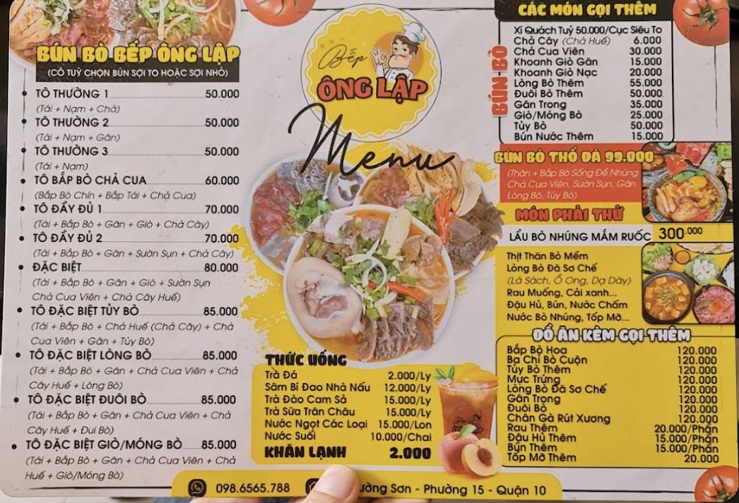 Menu at Bún Bò Thố Đá Bếp Ông Lập - Trường Sơn restaurant, Ho Chi Minh City