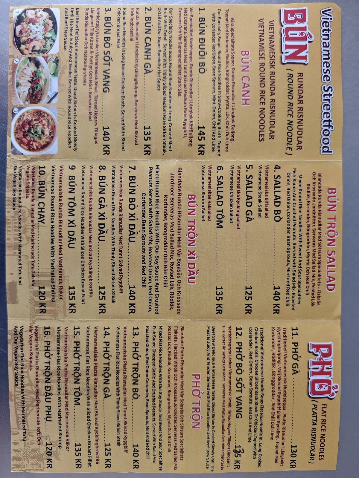 Menu at Bun Vietnamese Street food restaurant, Karlskrona