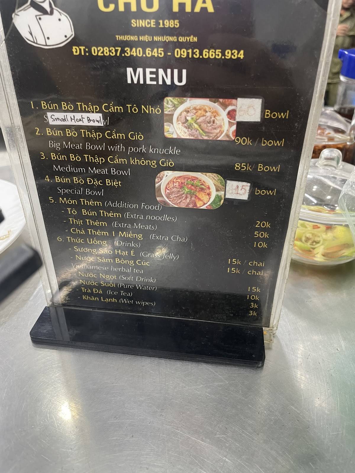 Menu at Bún bò chú Há (Hạnh) restaurant, Ho Chi Minh City