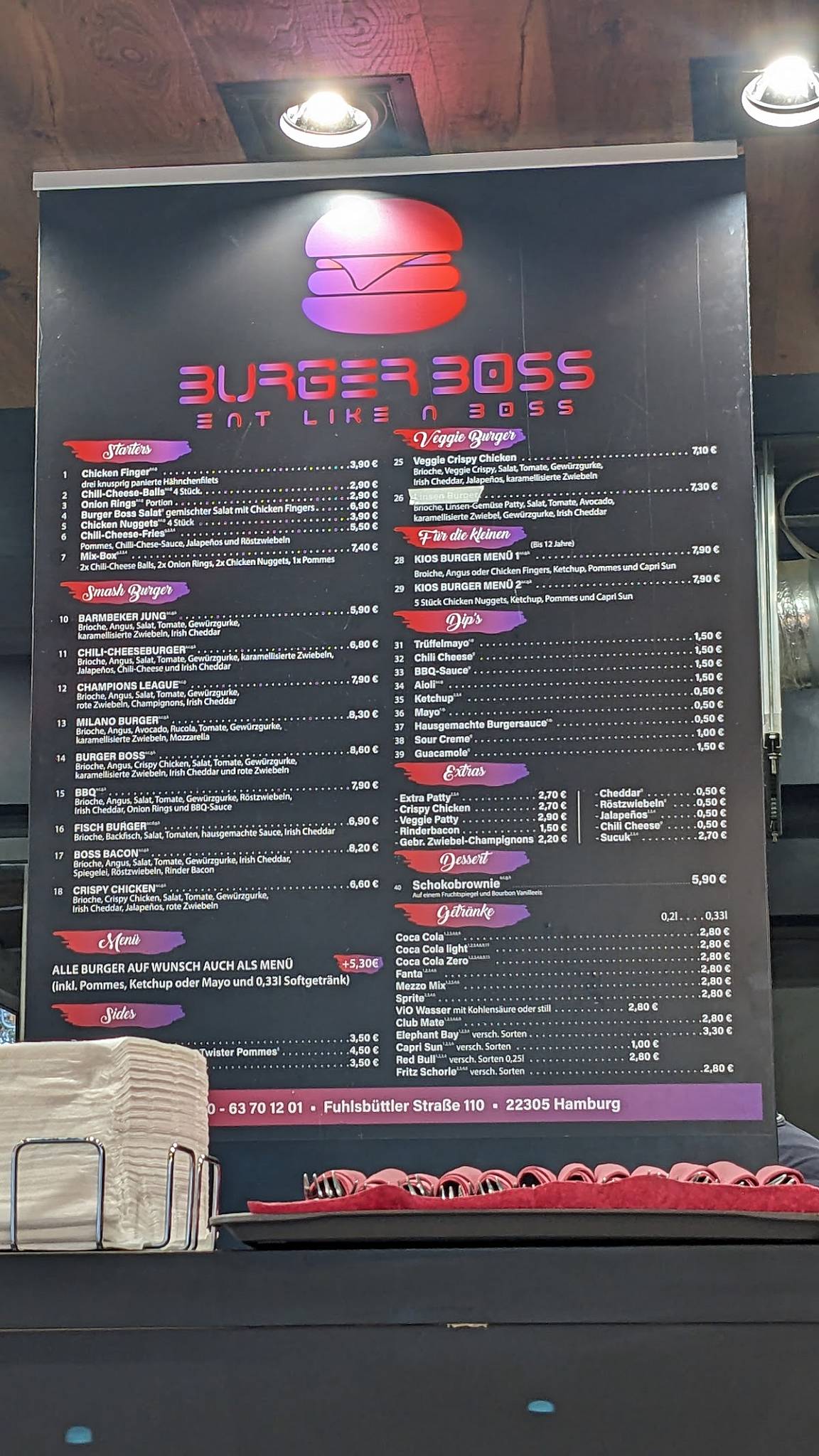 Menu at Burger Boss restaurant, Hamburg