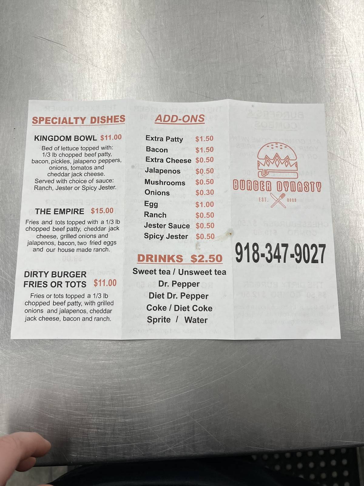 Menu at Burger Dynasty restaurant, Sapulpa