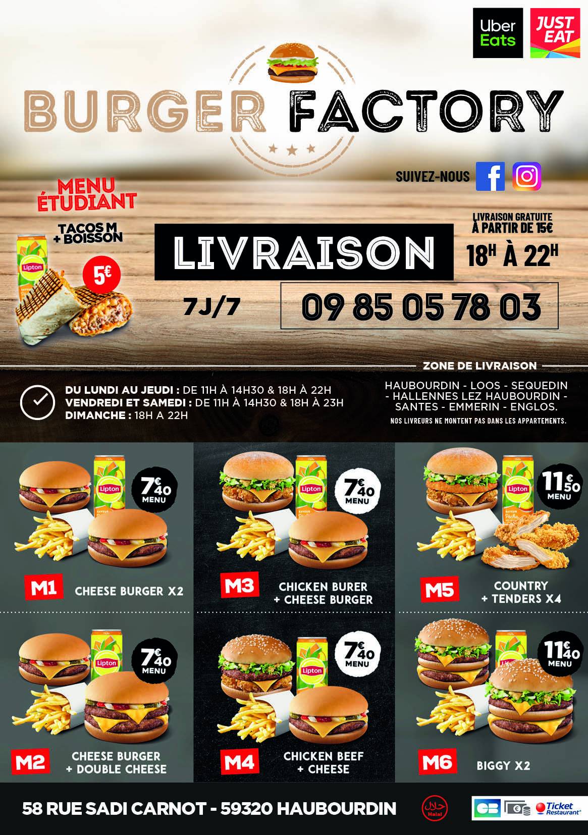 Carta del restaurante Burger Factory, Haubourdin