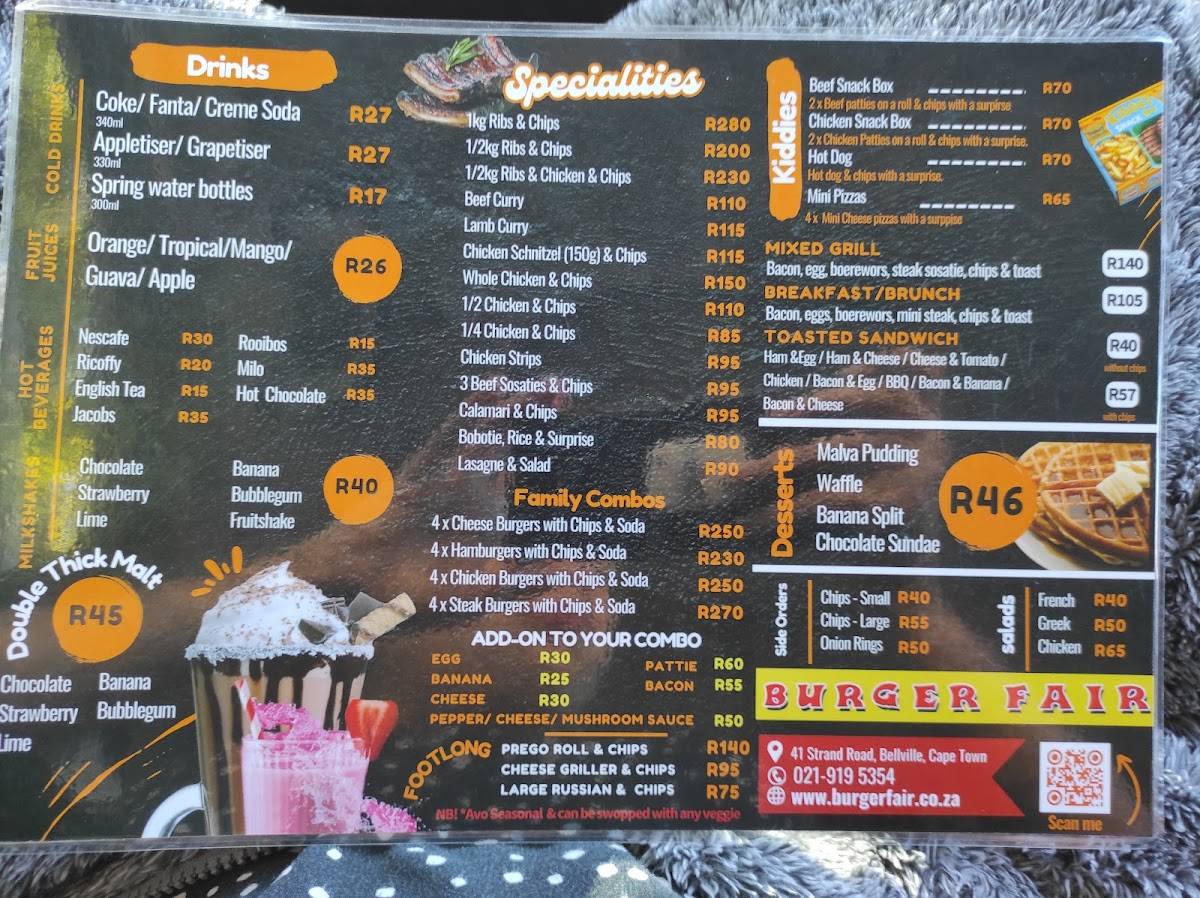 Menu at Burger Fair restaurant, Cape Town