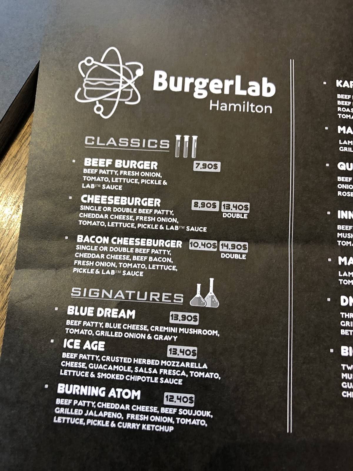 Menu at Burger Lab Hamilton restaurant, Hamilton