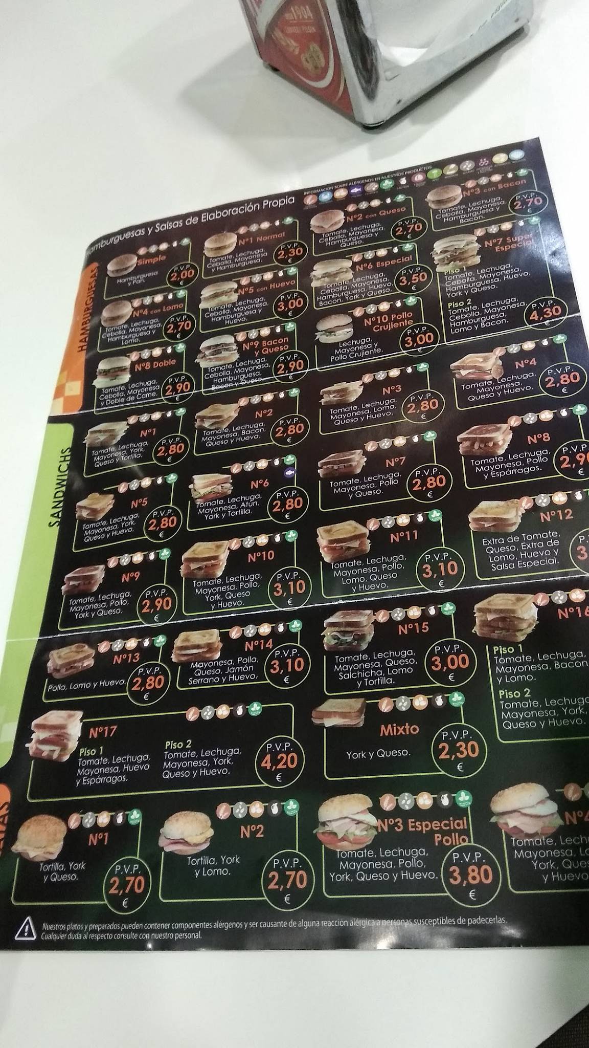 Carta del restaurante Burger Ricky, Écija