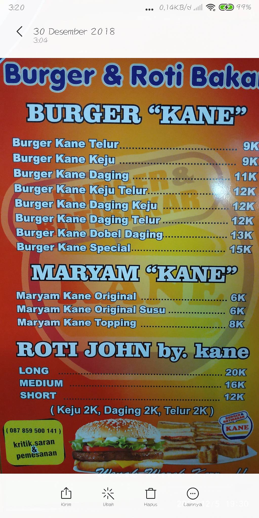 Carta del restaurante Burger & Roti Bakar KANE dinoyo, Malang