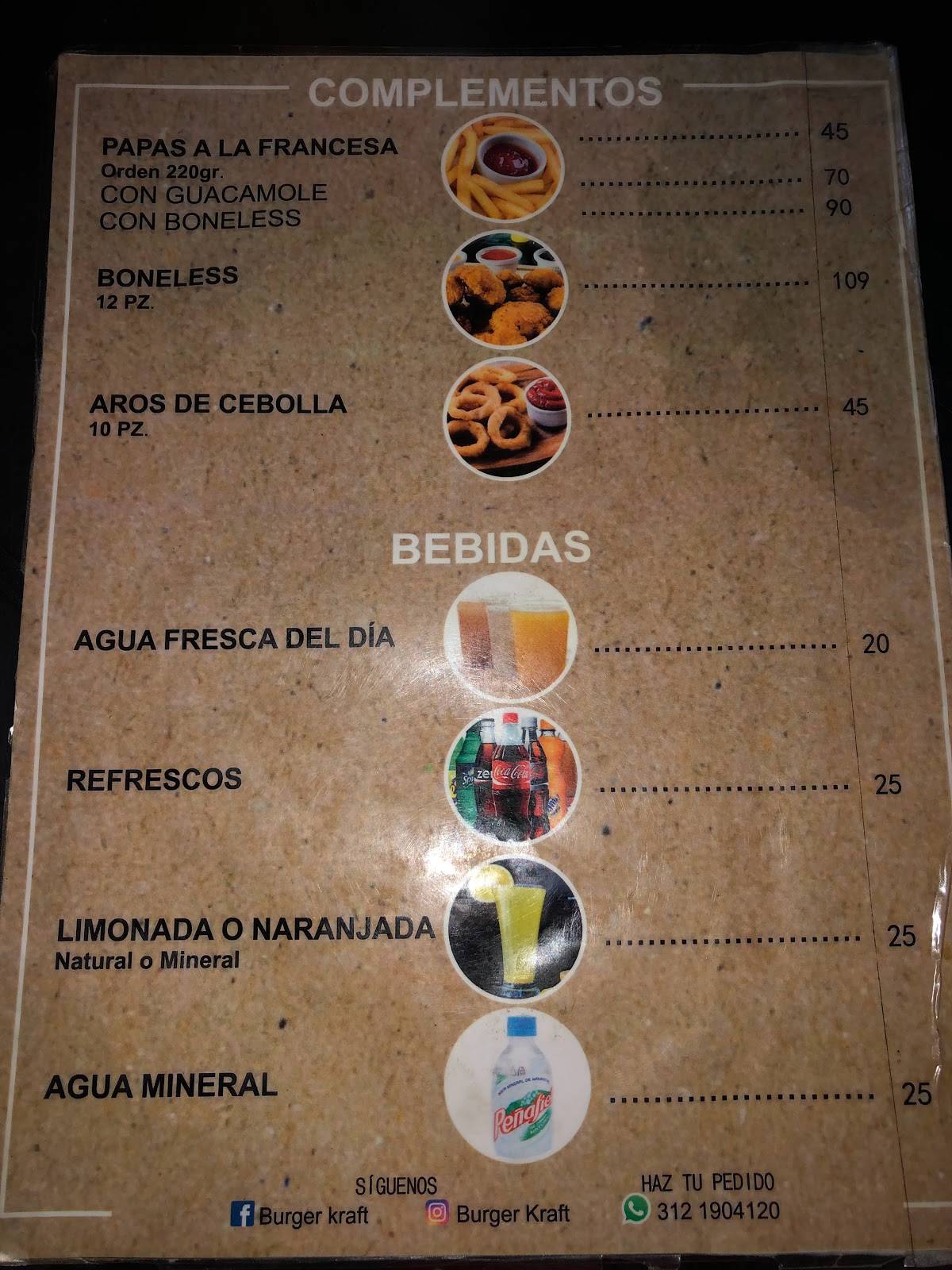 Menu at Burger kraft restaurant, Colima