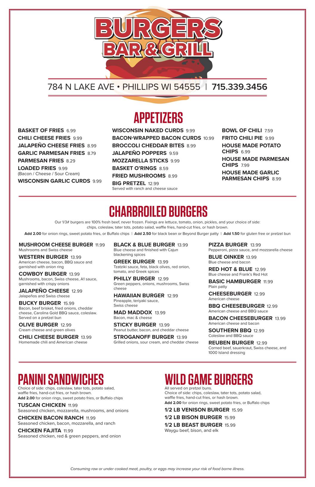 Menu at Burgers Bar & Grill Phillips, Phillips