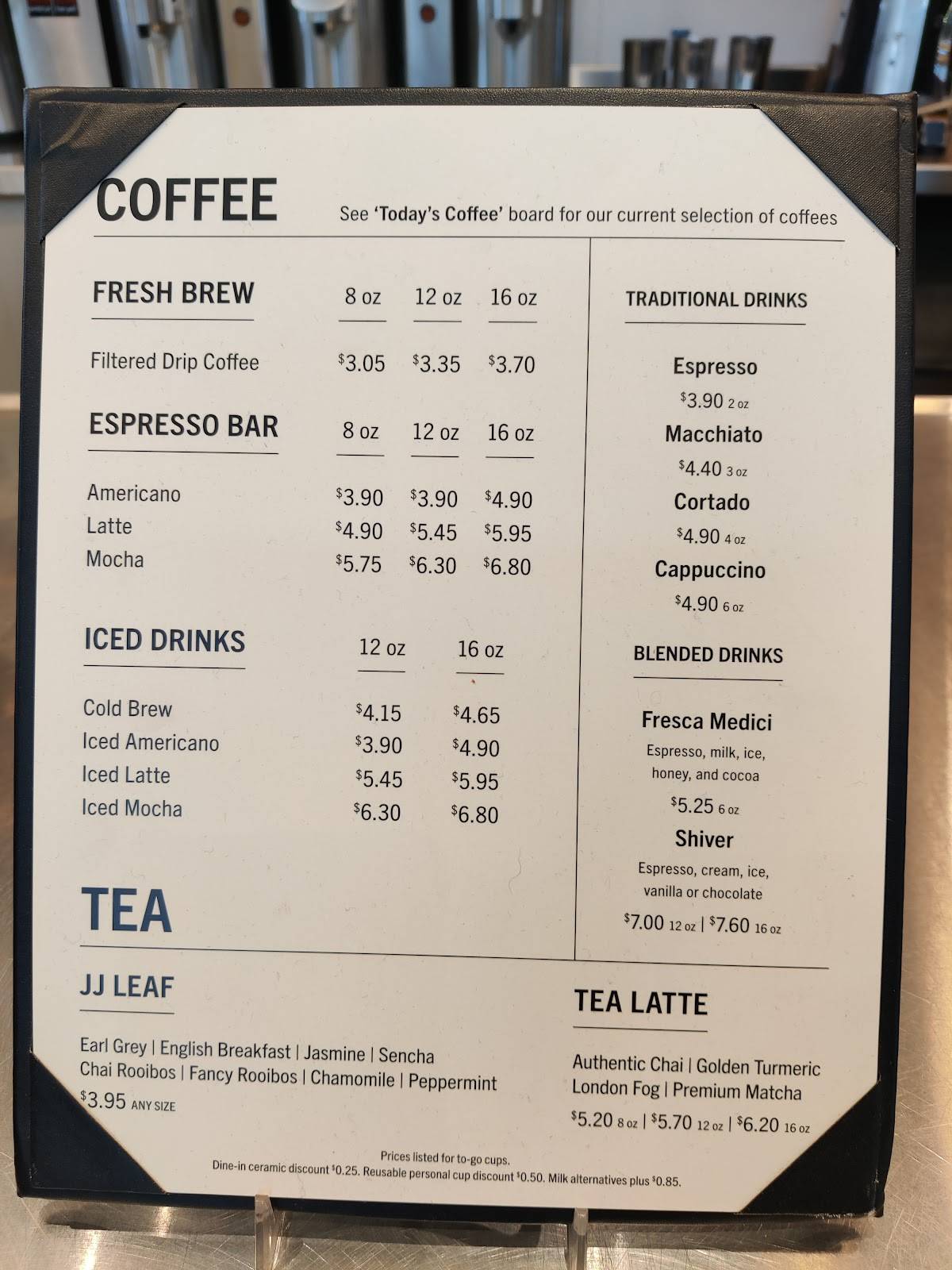 Menu at JJ Bean Coffee Roasters cafe, Burnaby, Hastings St