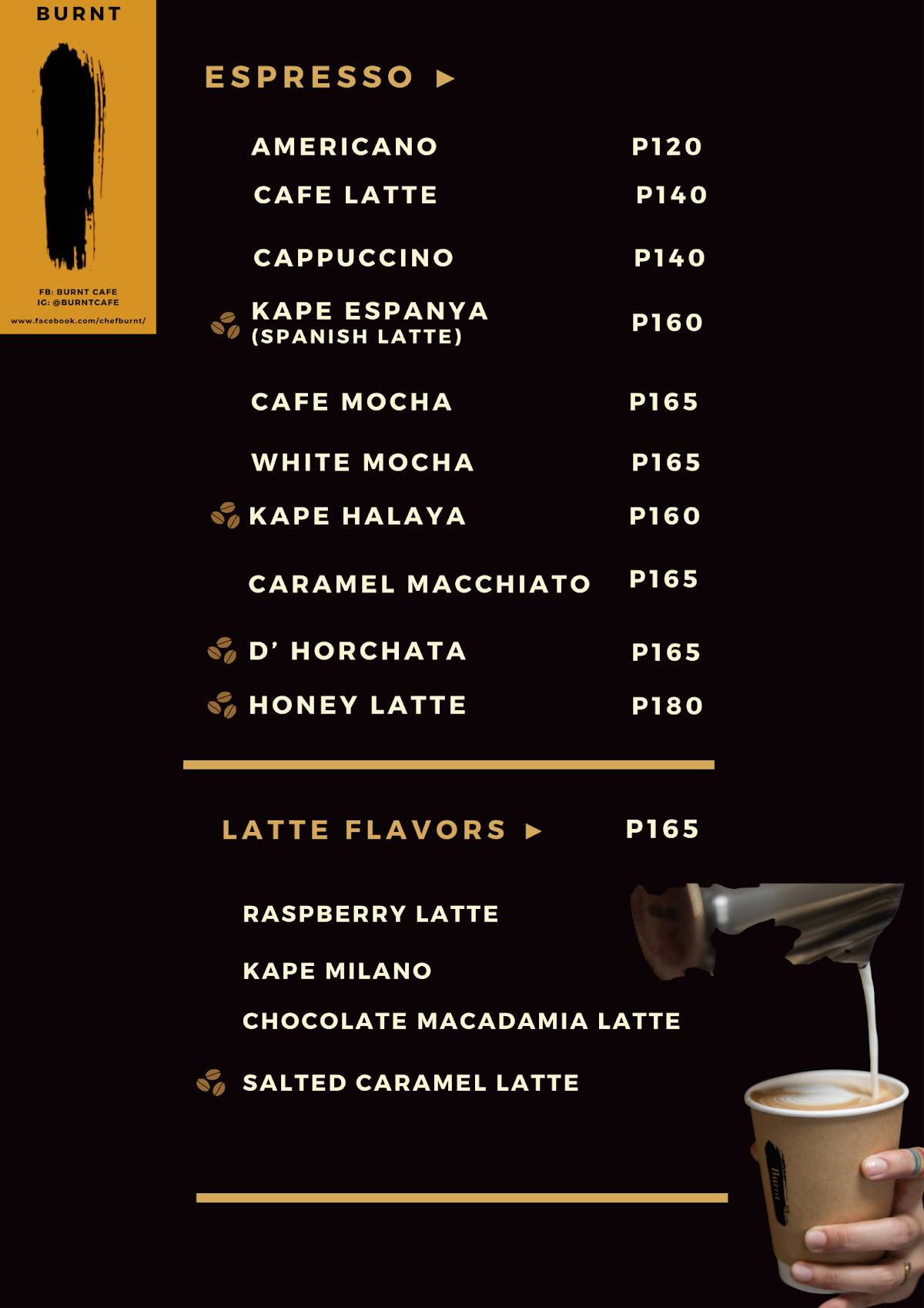 Menu at Burnt Cafe - Scout Limbaga, Quezon City