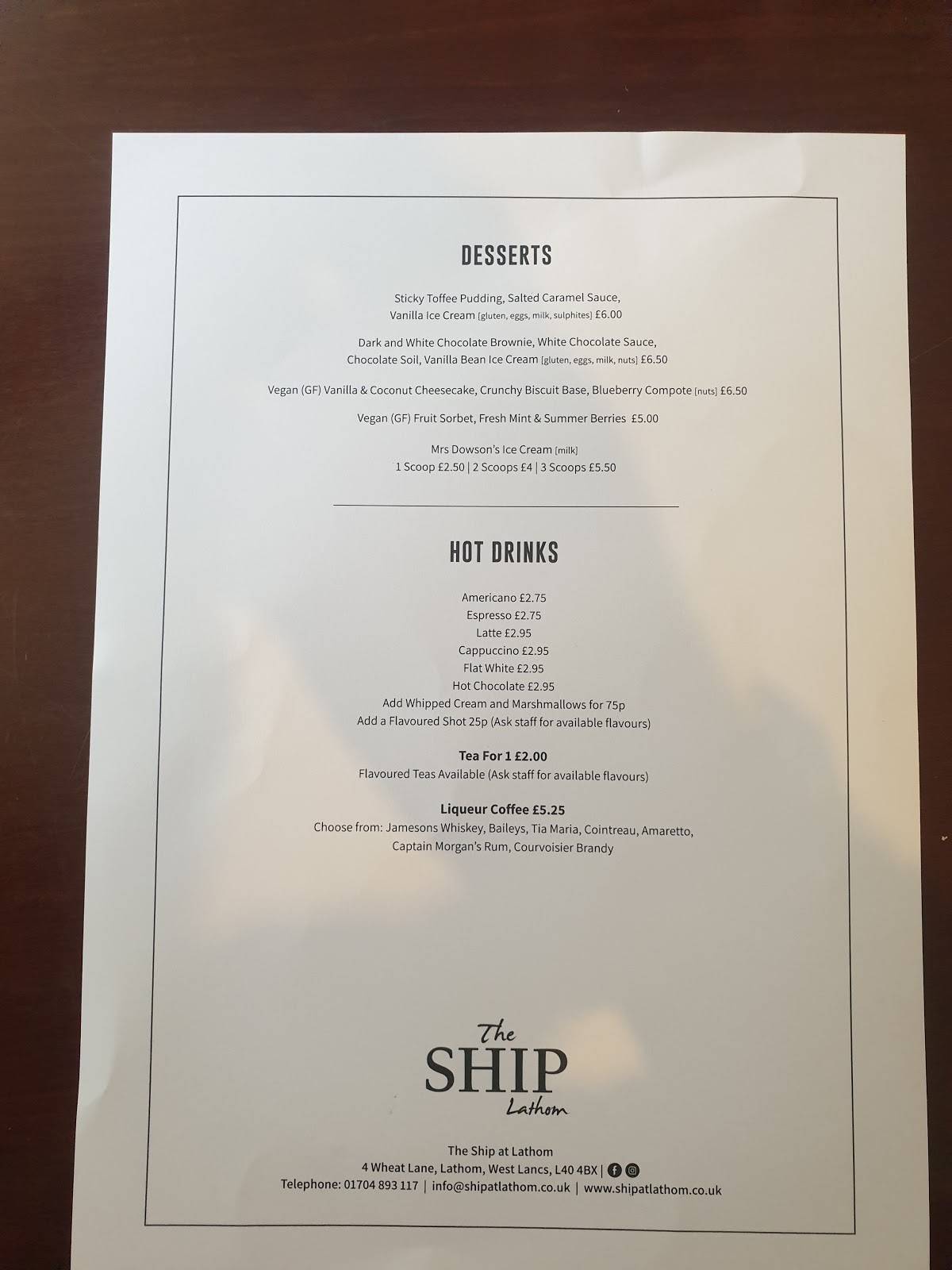 Menu at The Ship at Lathom pub & bar, Ormskirk
