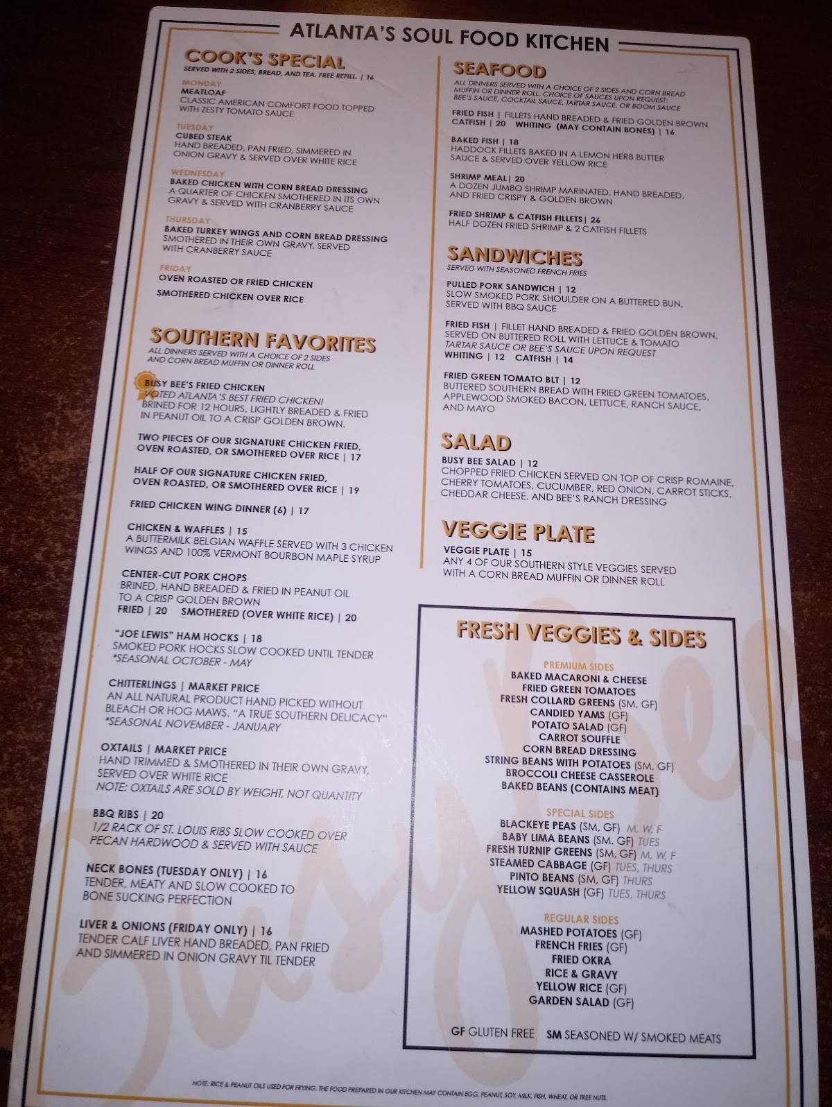 Menu at Busy Bee Cafe, Atlanta