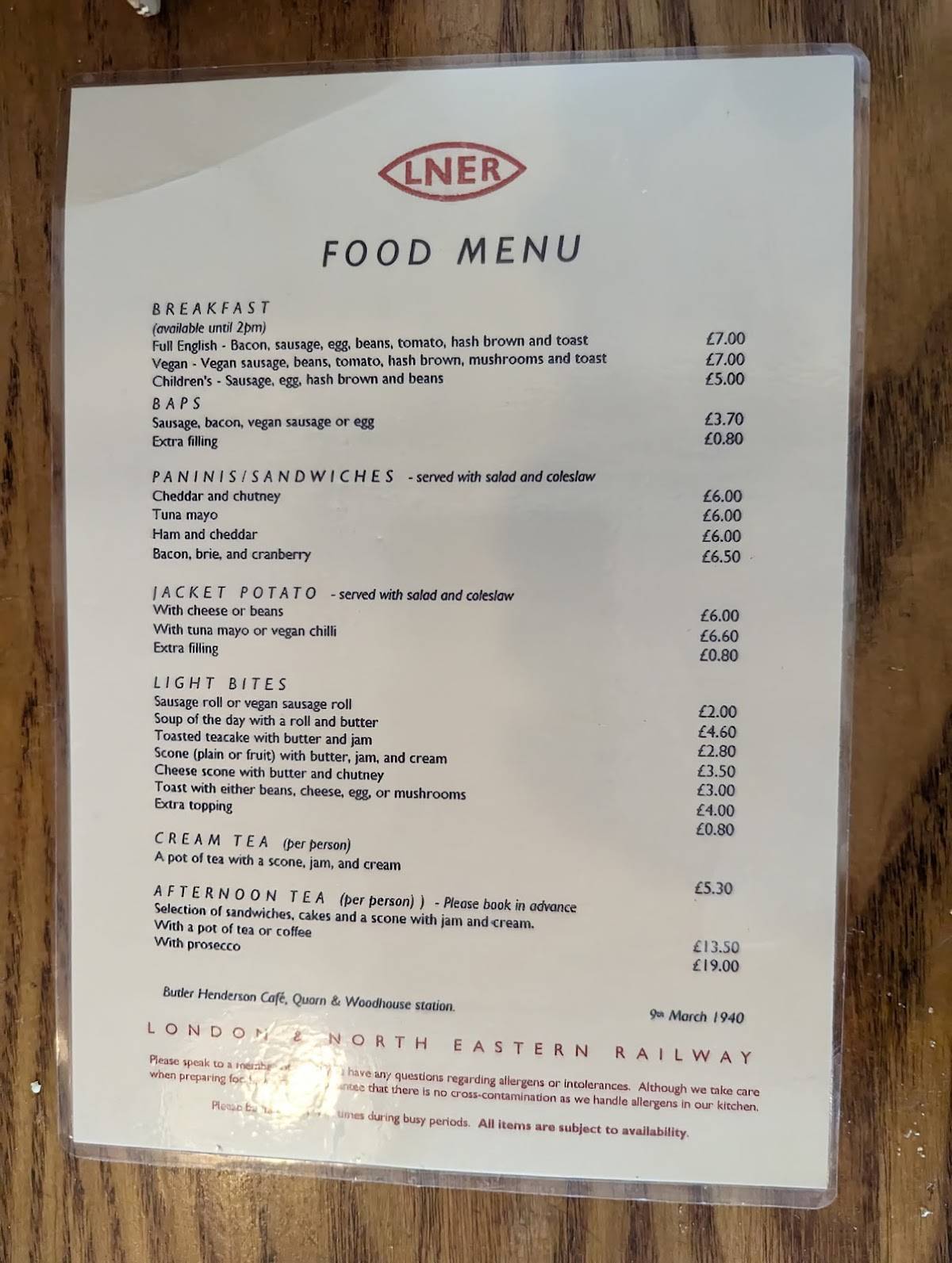 Menu at Butler Henderson Cafe, Loughborough