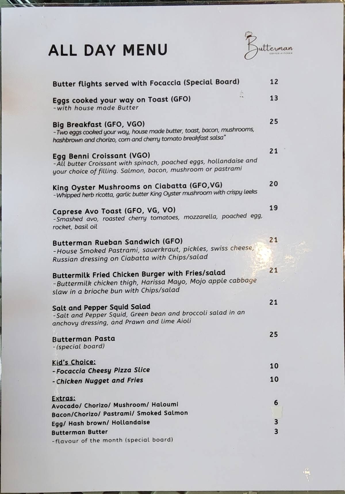 Menu at Butterman cafe, Redcliffe