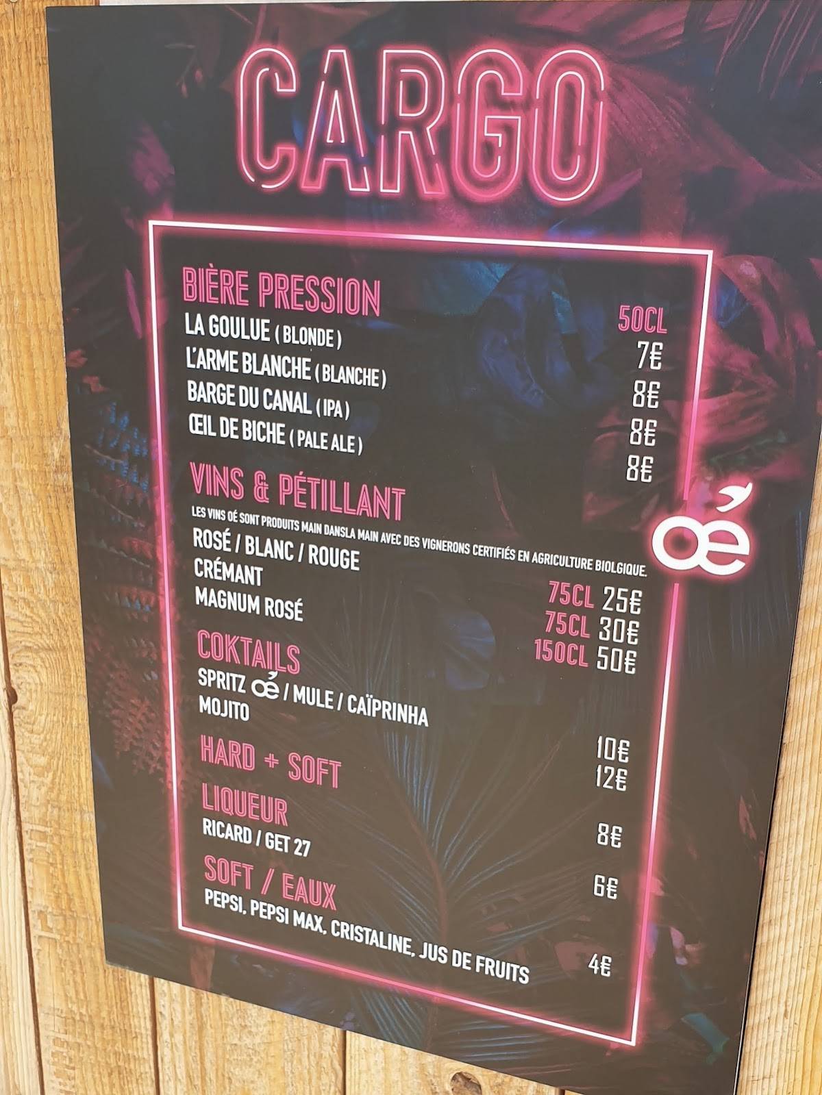 Menu au Cargo Container Bar, Paris