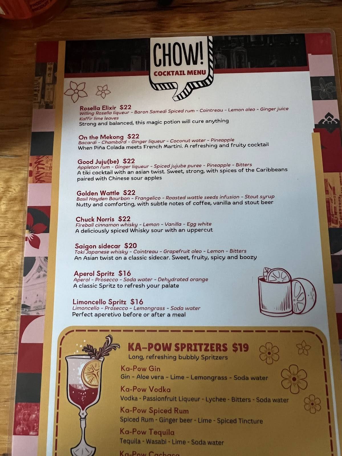Carta del restaurante CHOW!, Darwin