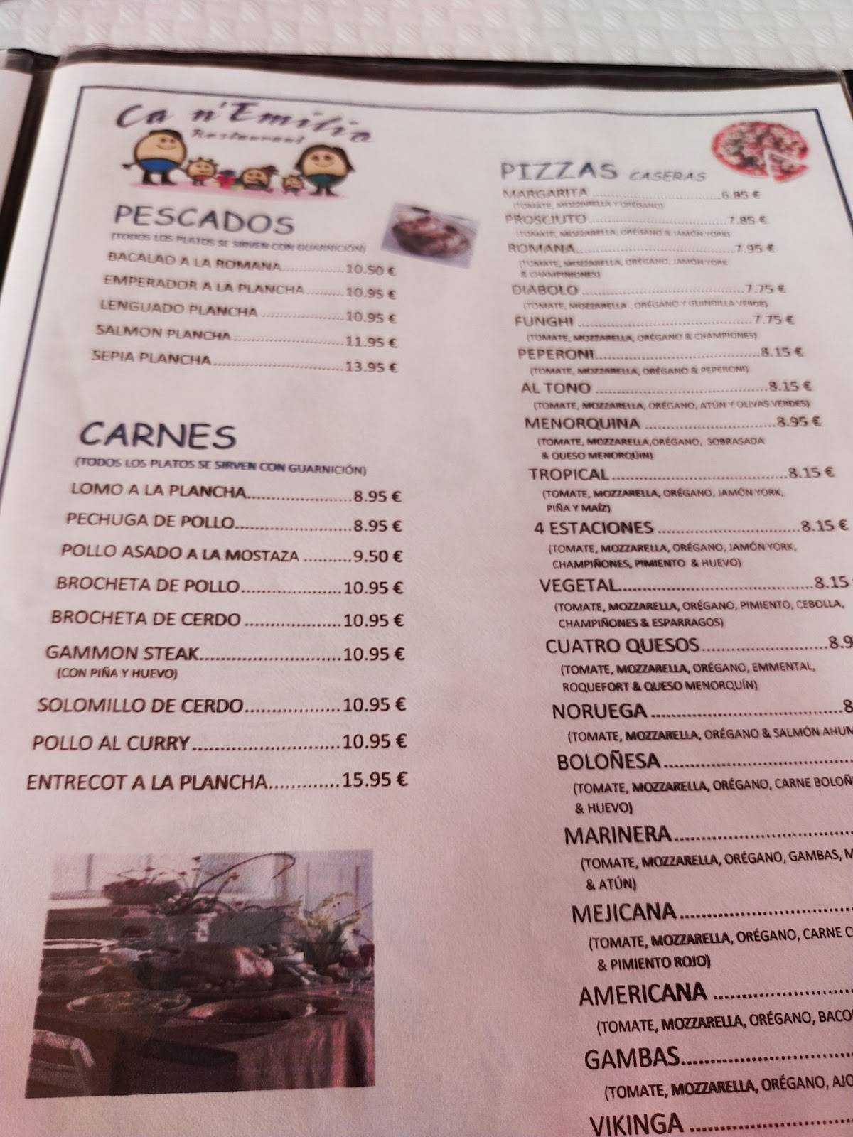 Menu at Ca n'Emilio restaurant, Los Delfines