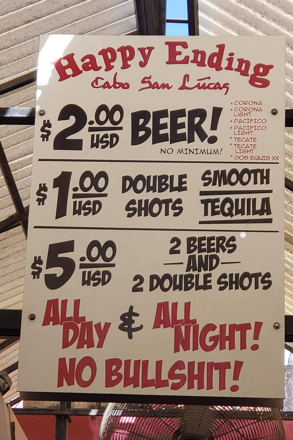 Menu at Happy Ending Cantina pub & bar, Cabo San Lucas, Blvd. Paseo de ...