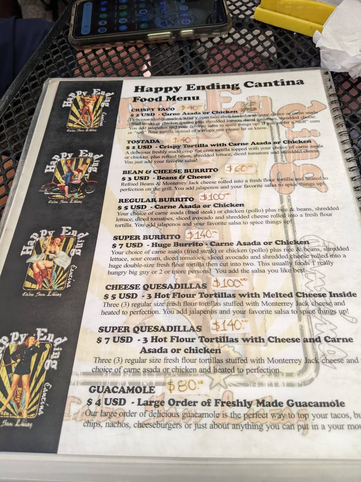 Menu at Happy Ending Cantina pub & bar, Cabo San Lucas, Blvd. Paseo de ...