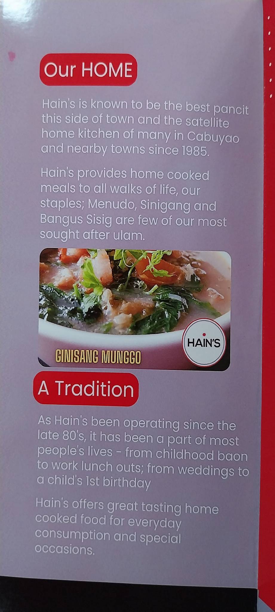 Menu at Hain's (Restaurant/Catering), Cabuyao