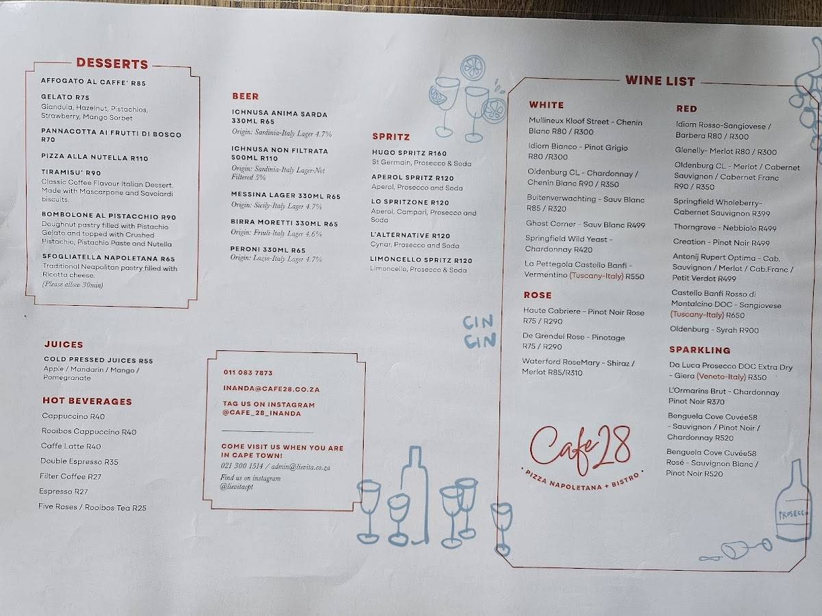 Menu at Cafe 28, Sandton, 54 Wierda Rd E