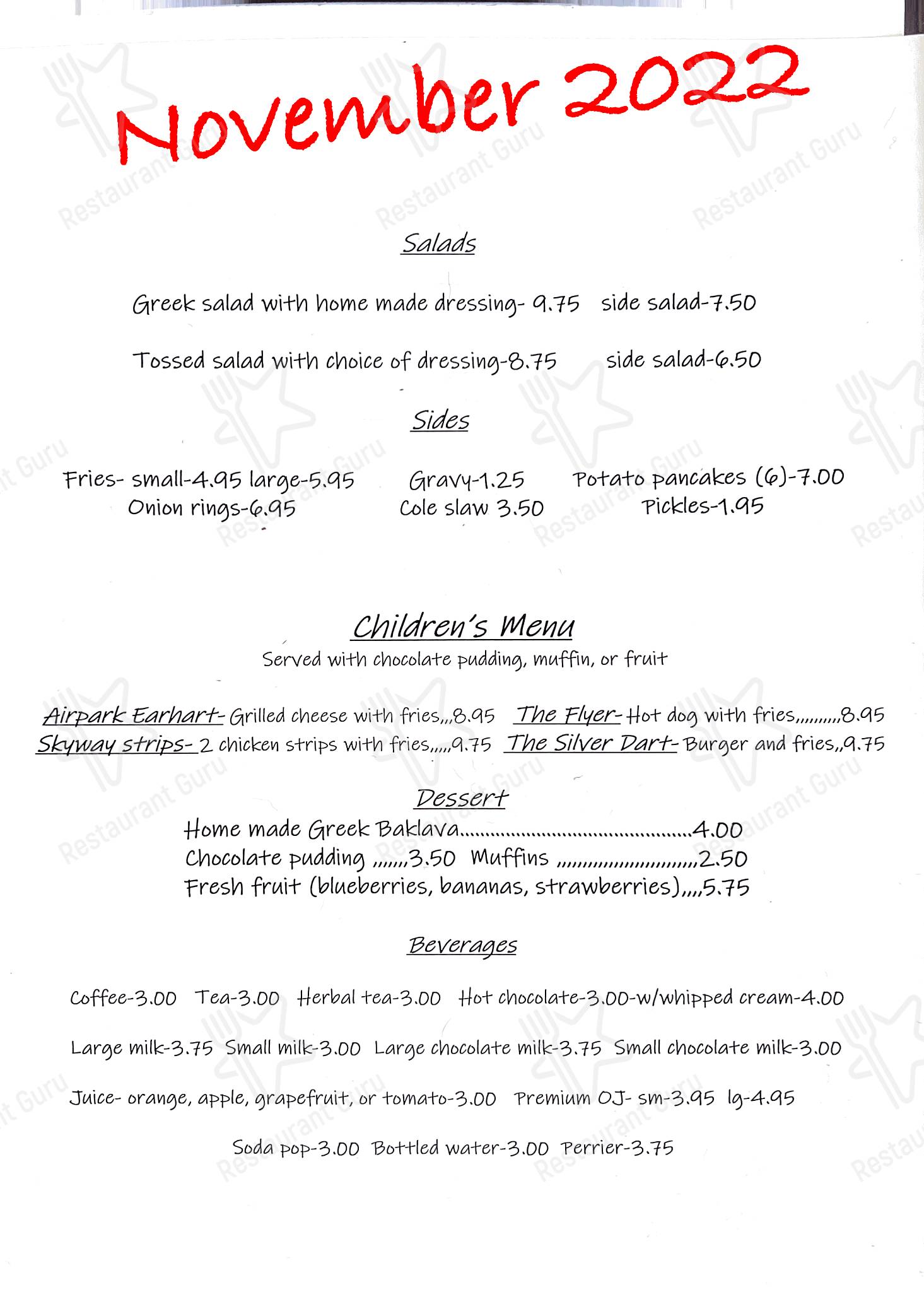 Menu at Airpark Cafe, Guelph, 50 Skyway Dr