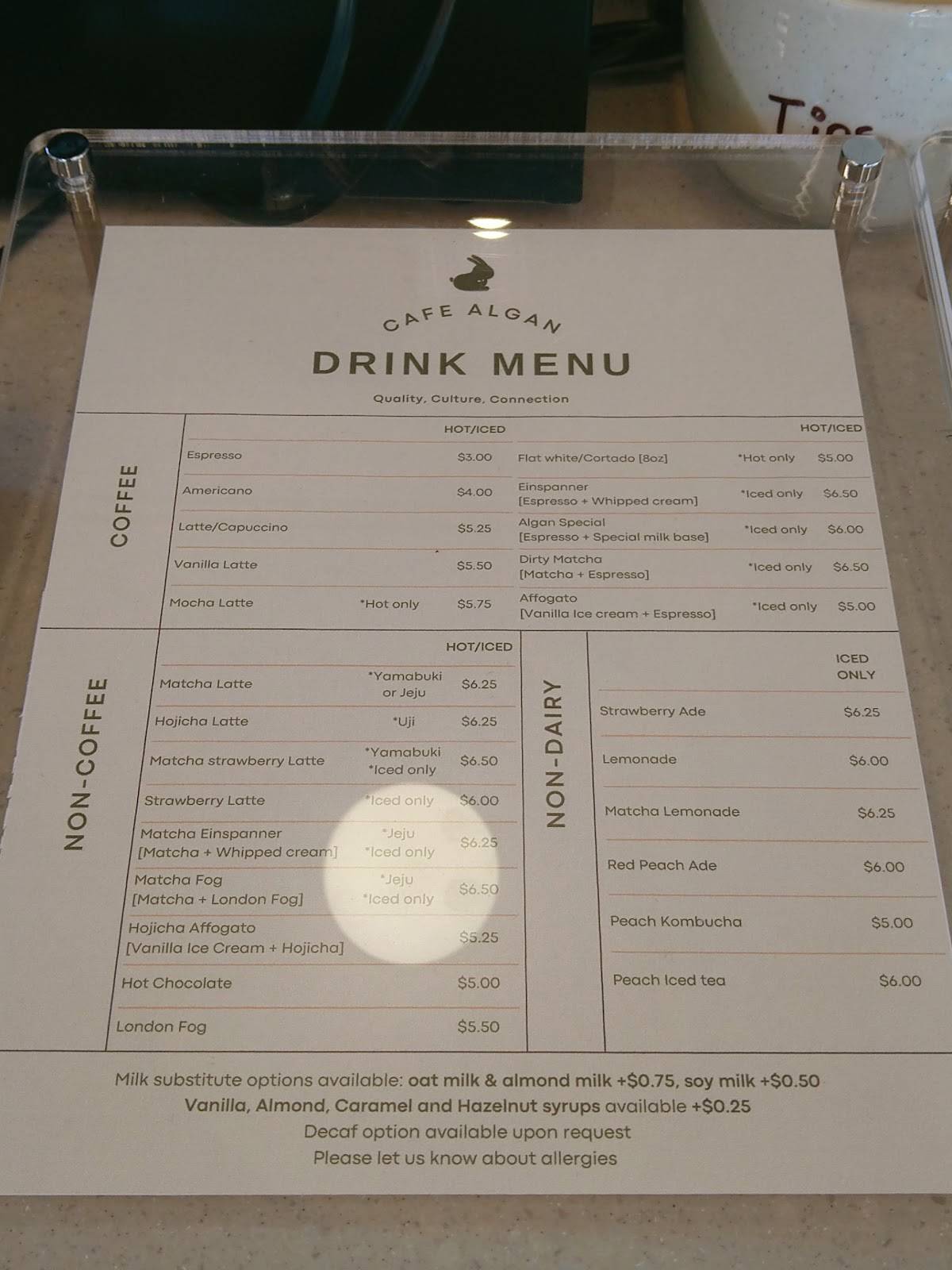 Menu at Cafe Algan, Vancouver