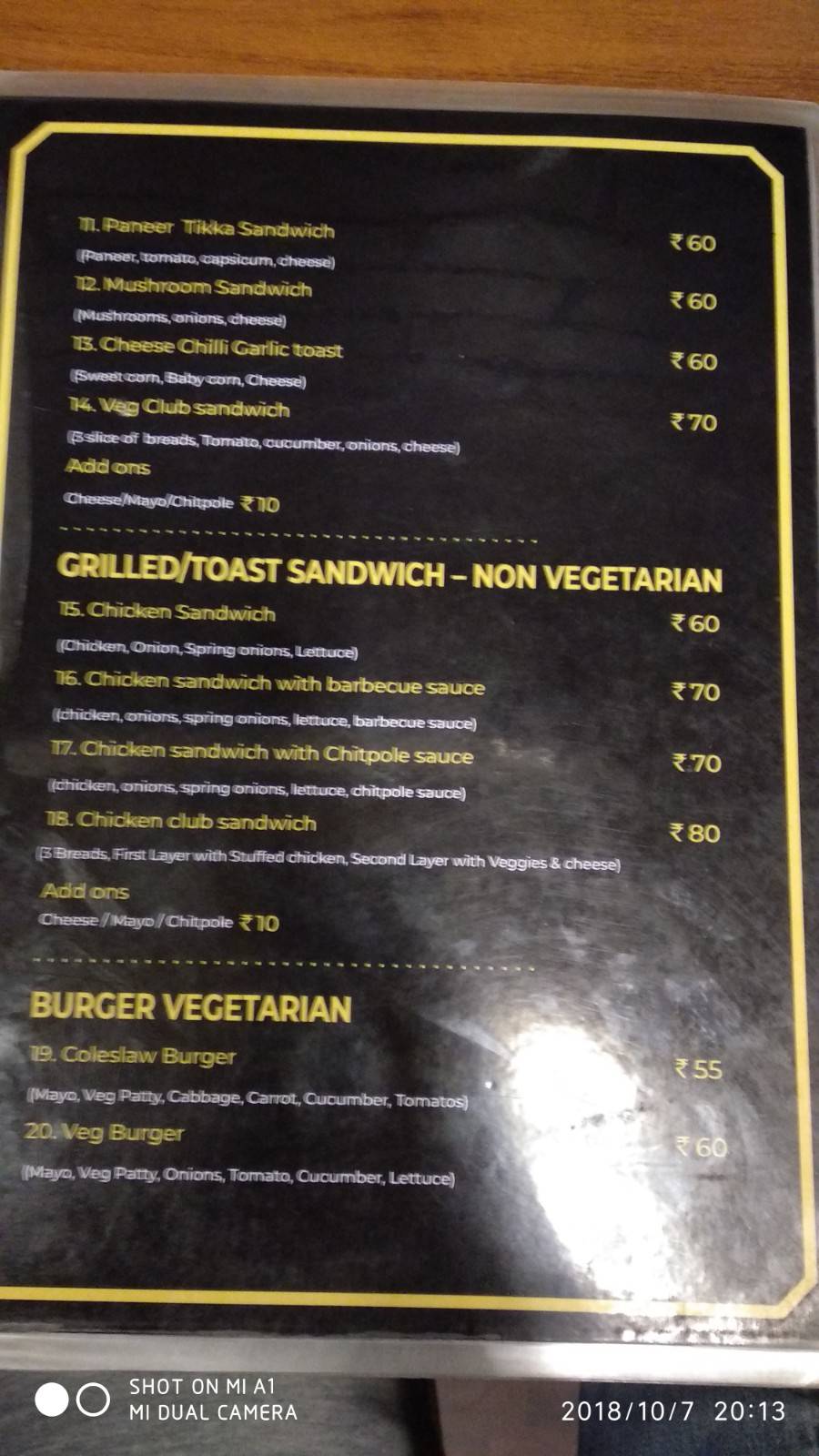 Menu at BITEZ, Chennai