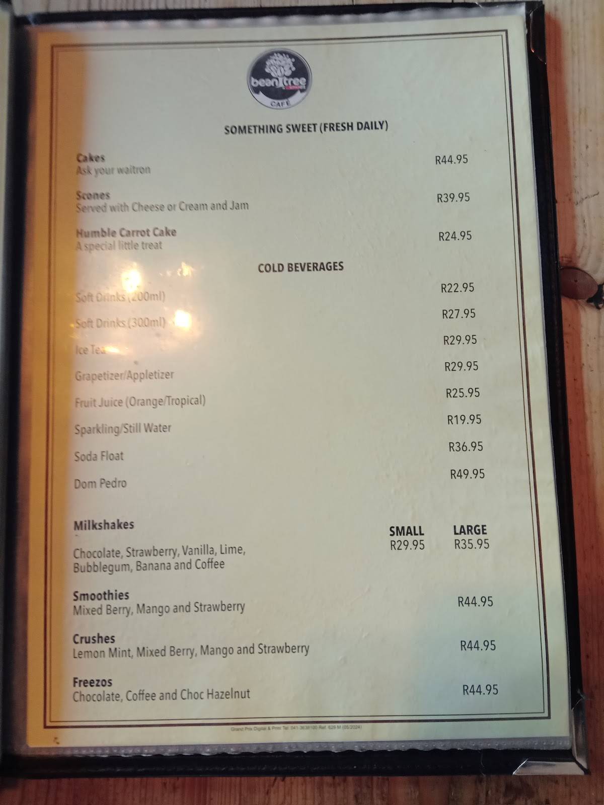 Menu at Bean Tree Cafe, Port Elizabeth