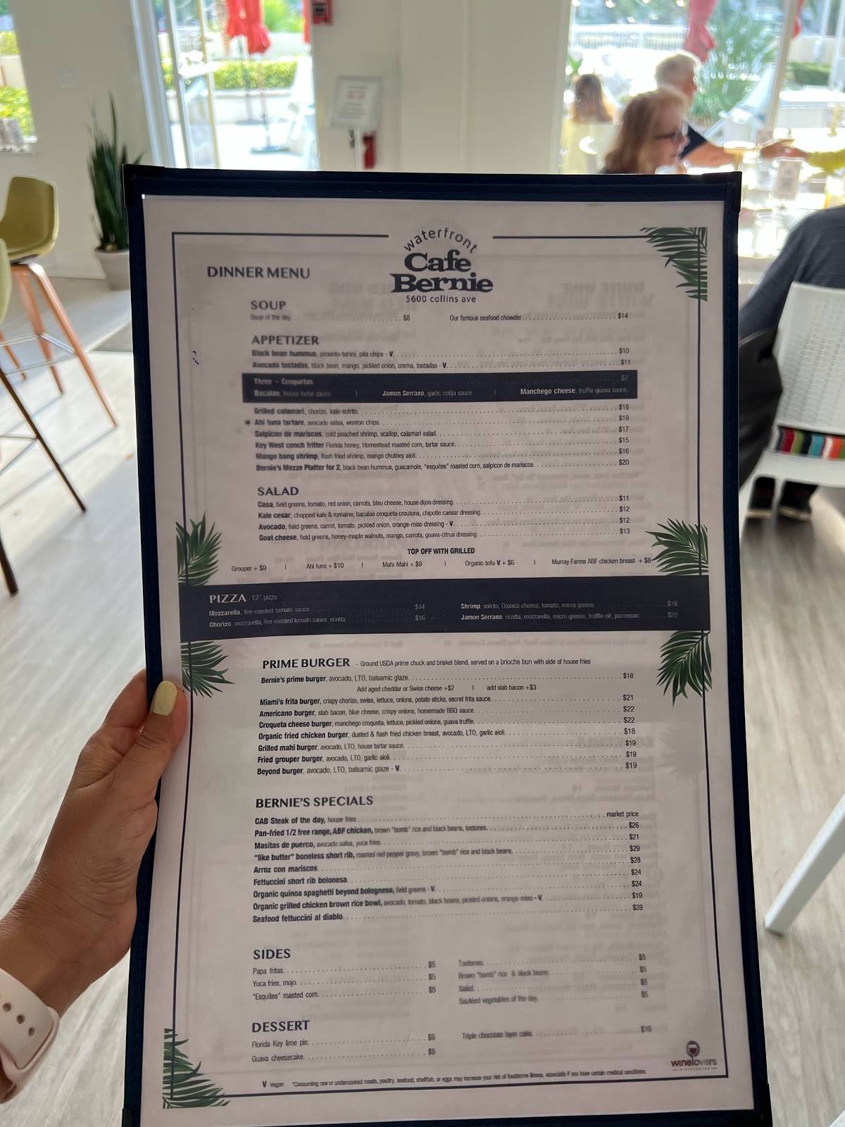 Carta de Cafe Bernie, Miami Beach