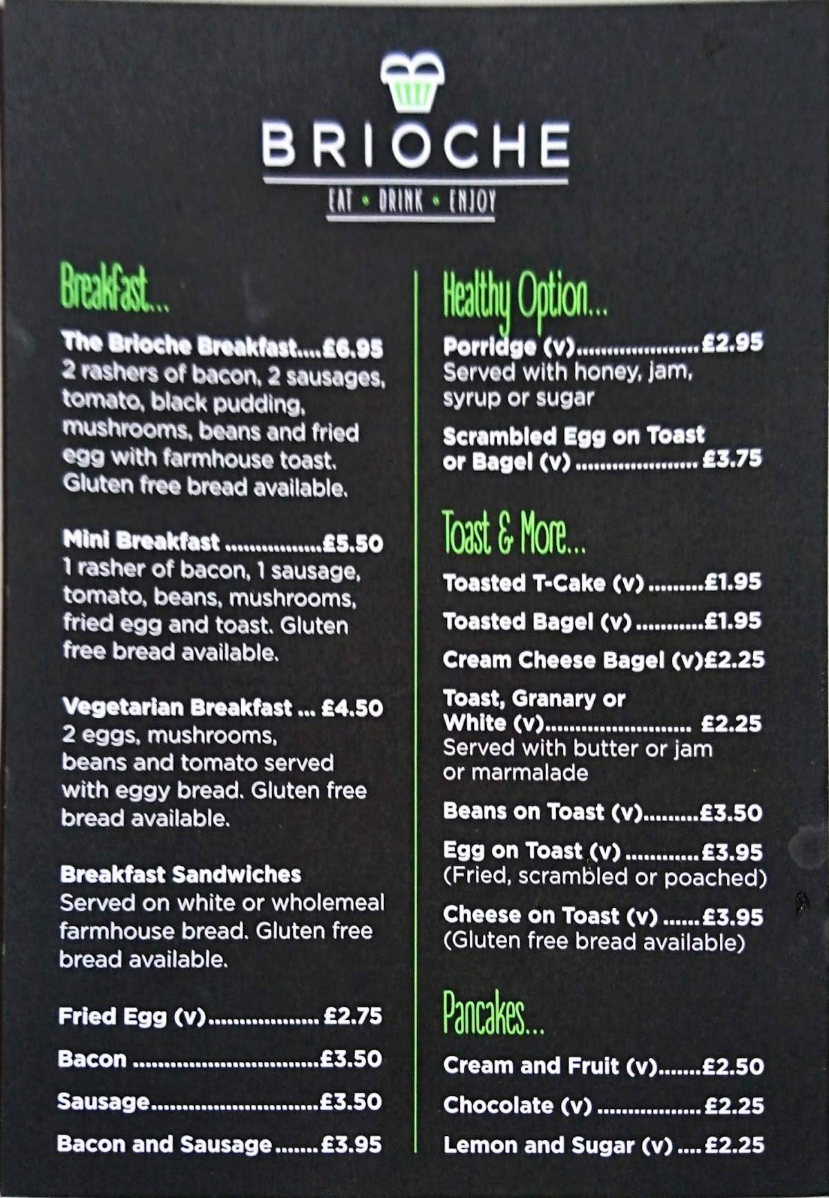 Carta de Cafe Brioche, Clitheroe