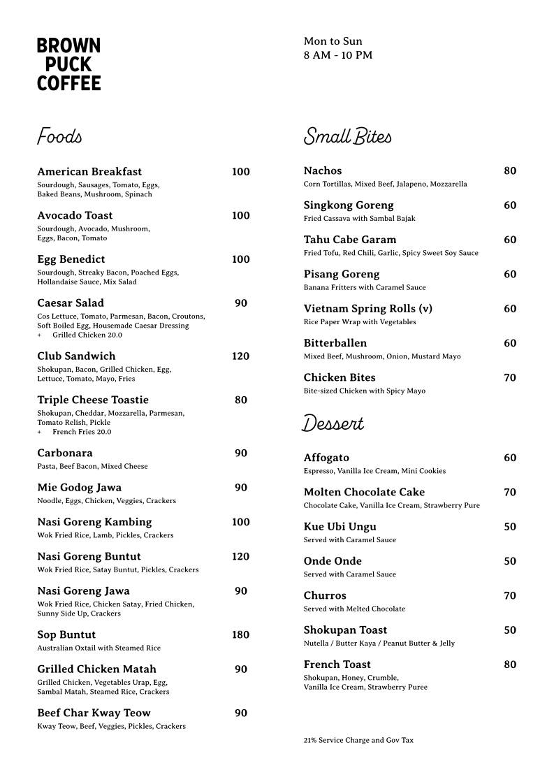 Menu at Brown Puck Coffee - Pondok Indah Mall 3 cafe, South Jakarta