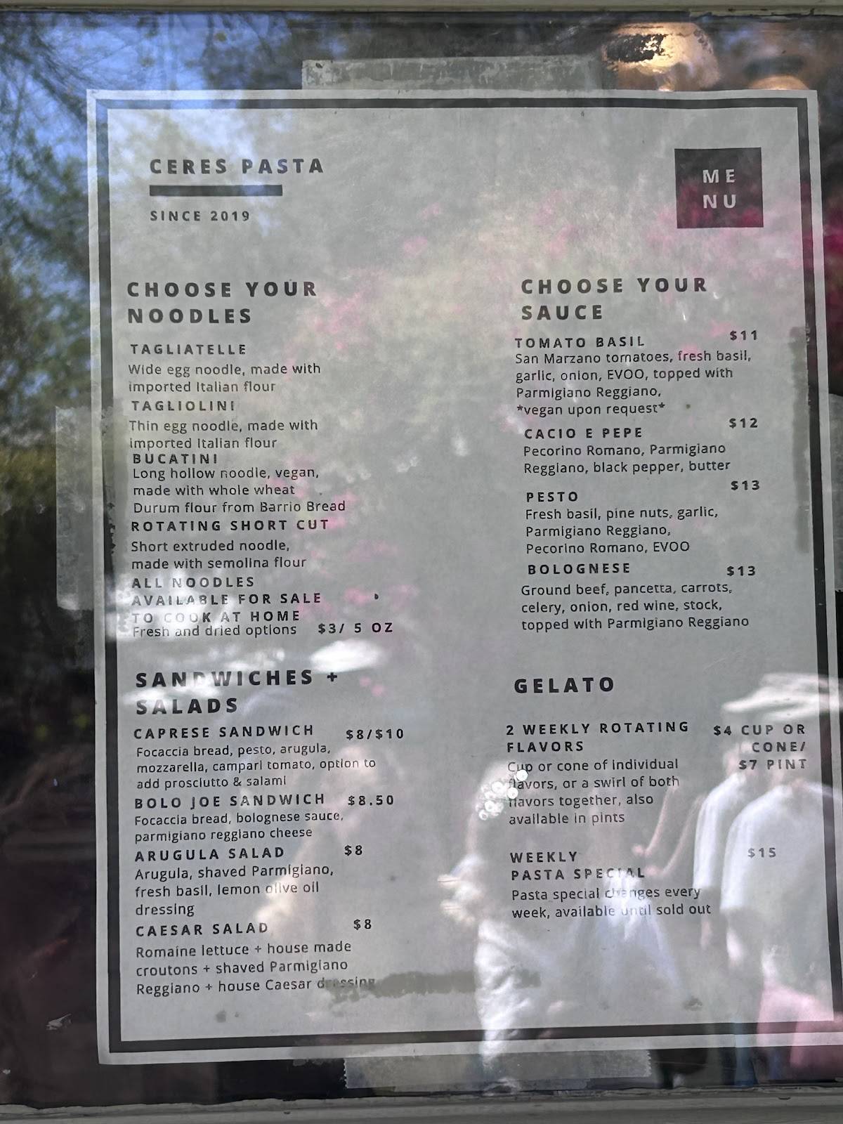 Menu at CERES Pasta cafe, Tucson