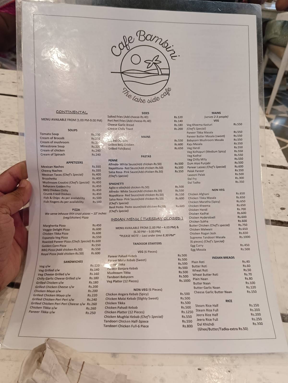 Menu at Cafe Bambini, Thakursai