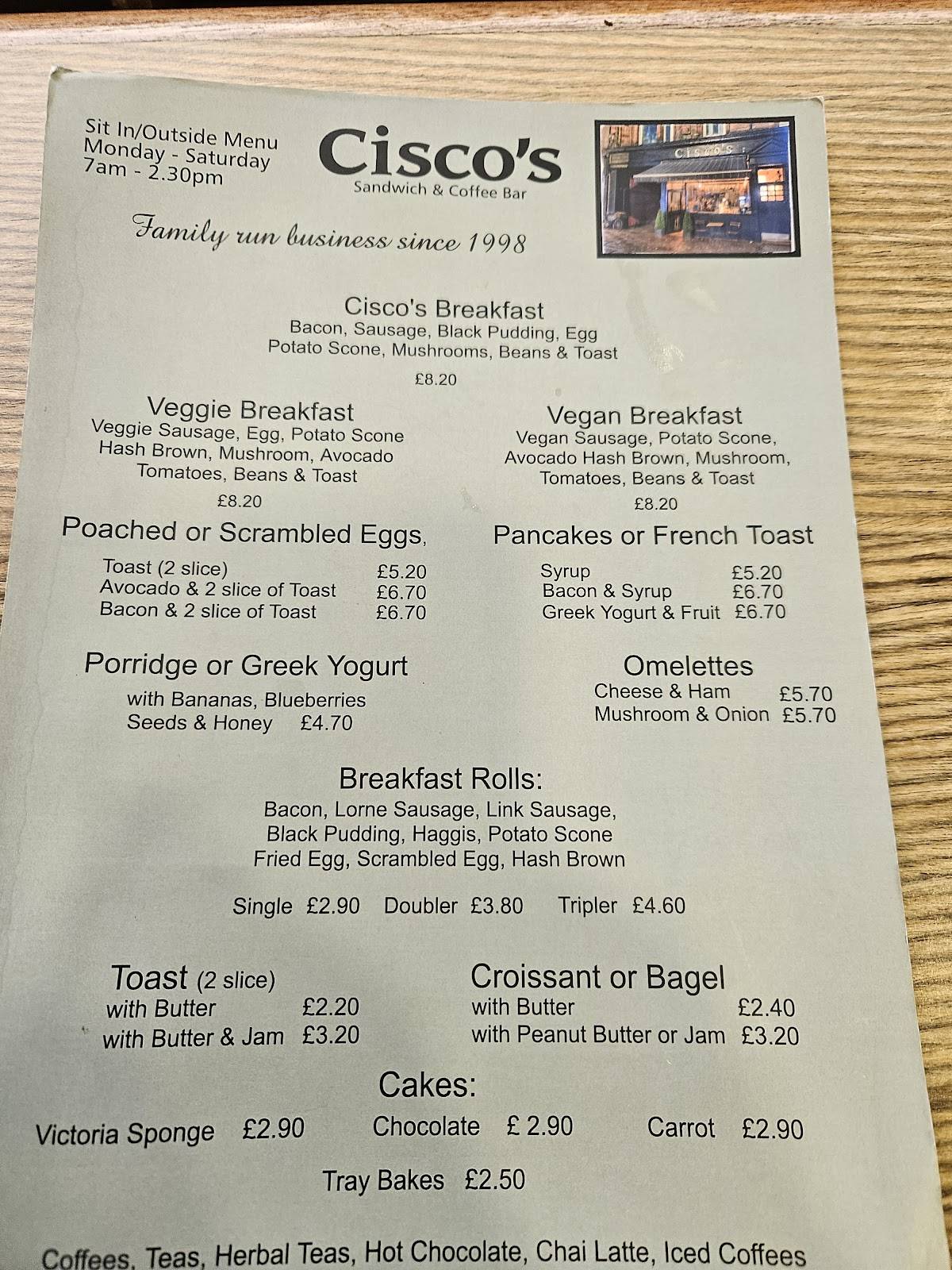 Menu at Cisco's Cafe, Stirling