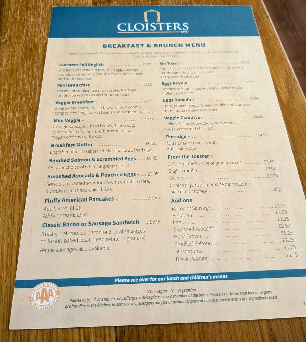 Menu at Cloisters cafe, Wimborne Minster