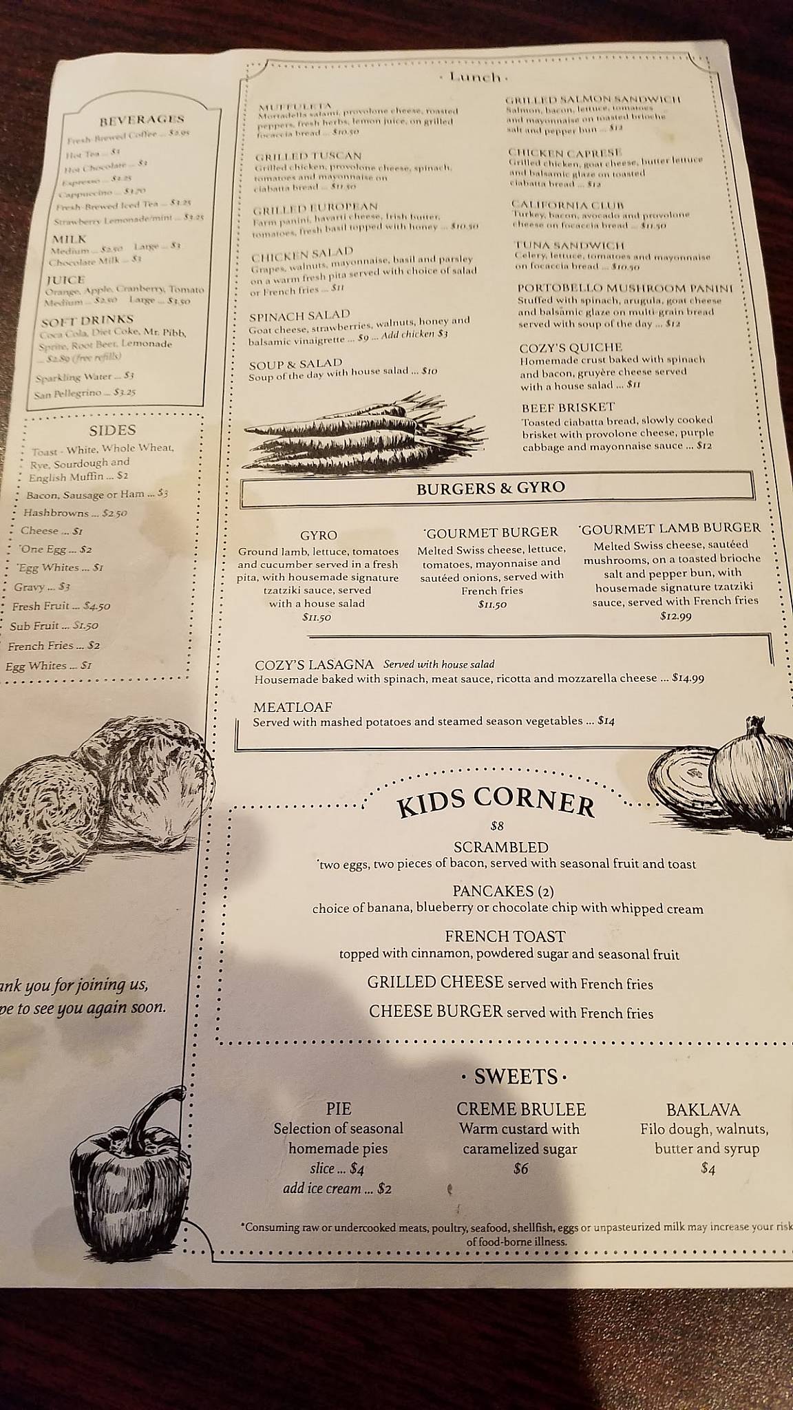 Menu at Cozy's Cafe, Overland Park