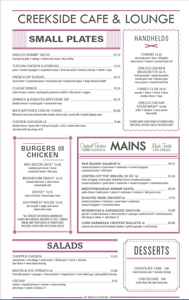 Menu at Creekside Cafe, Plymouth